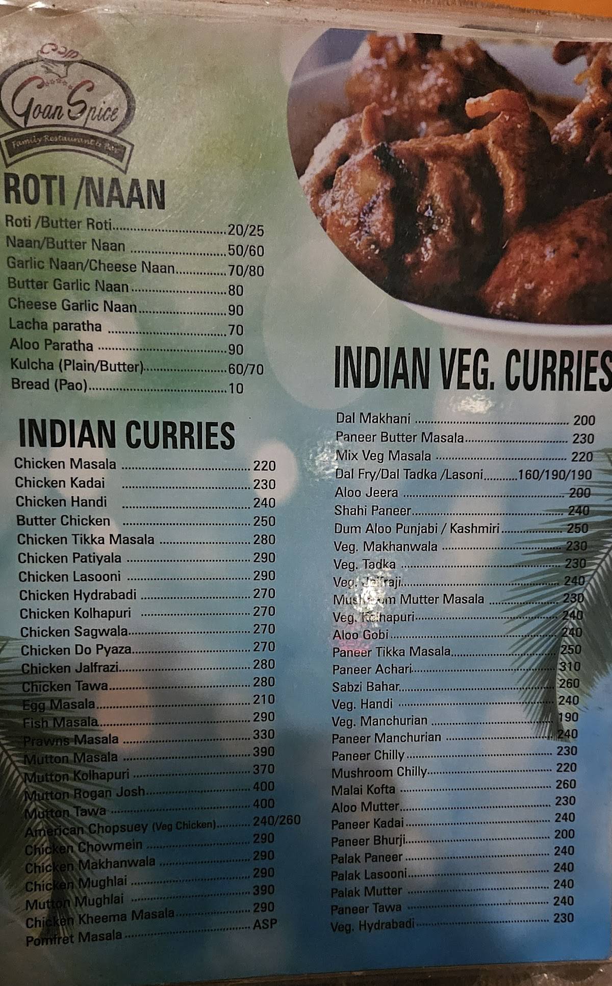 Menu at Goan Spice, Anjuna