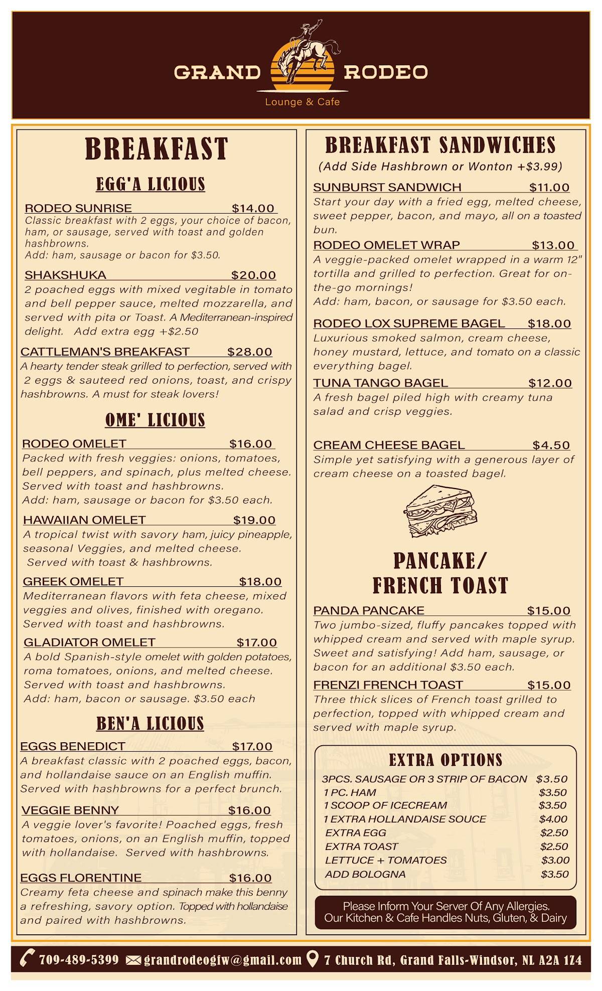 Menu at Grand Rodeo restaurant, Grand Falls-Windsor