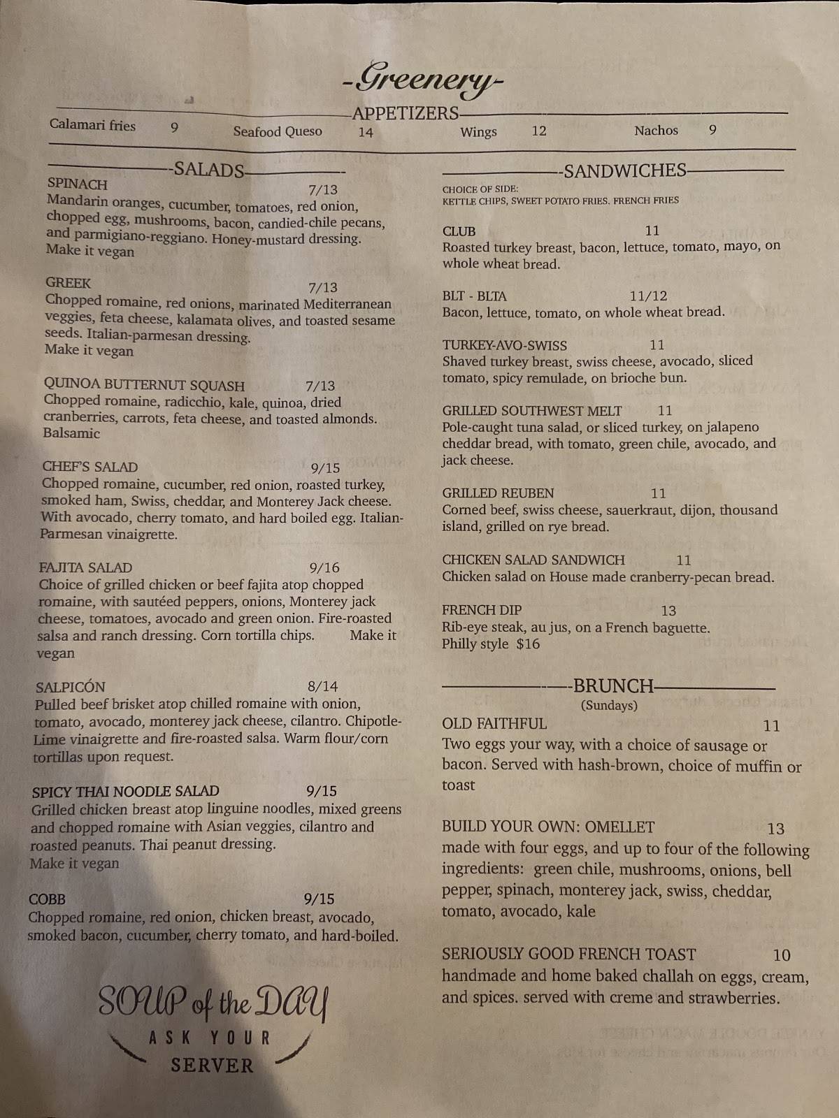 Menu at Greenery Restaurant, El Paso, 750 Sunland Park Dr