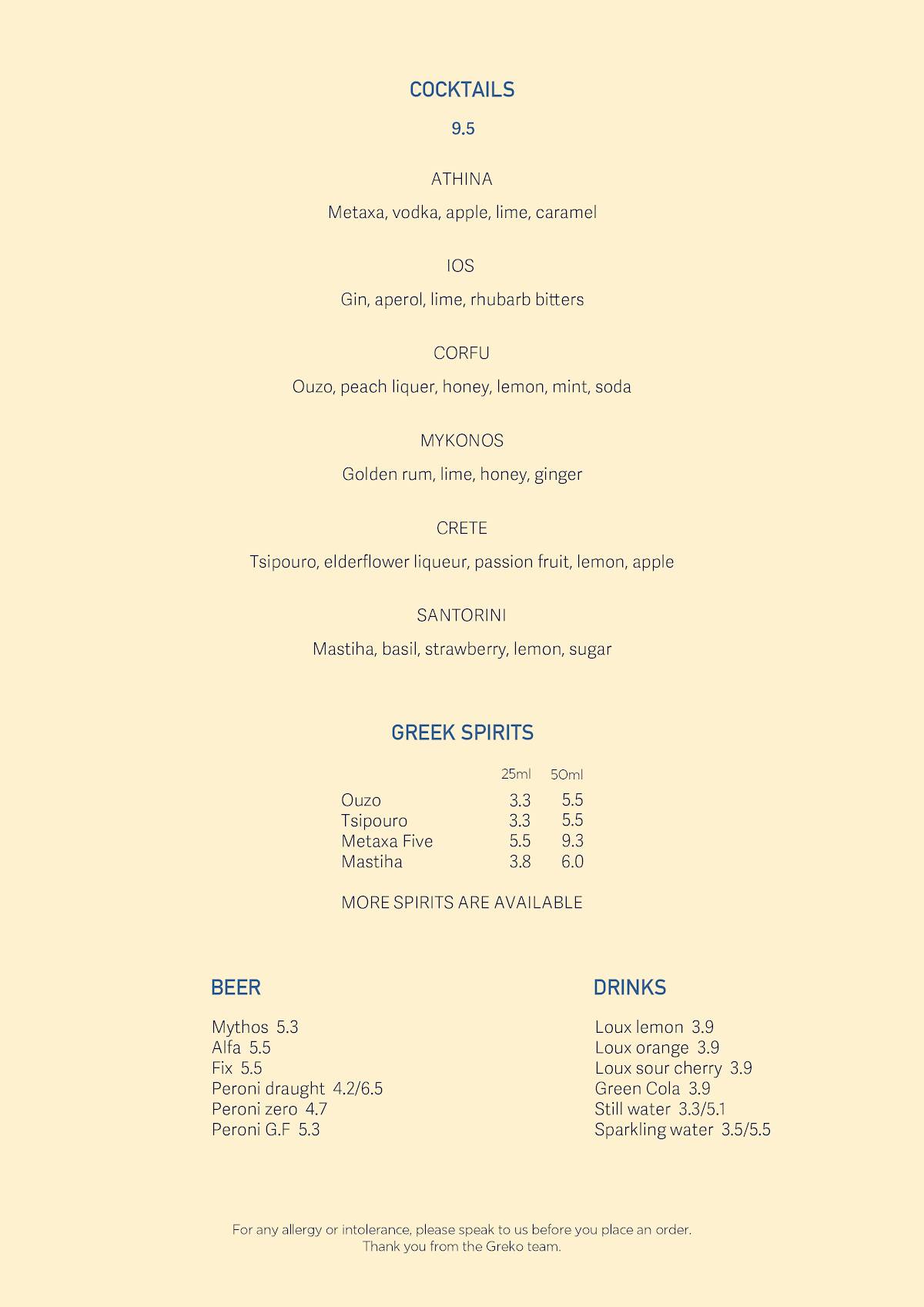 Menu at Greko Beverley restaurant, Beverley