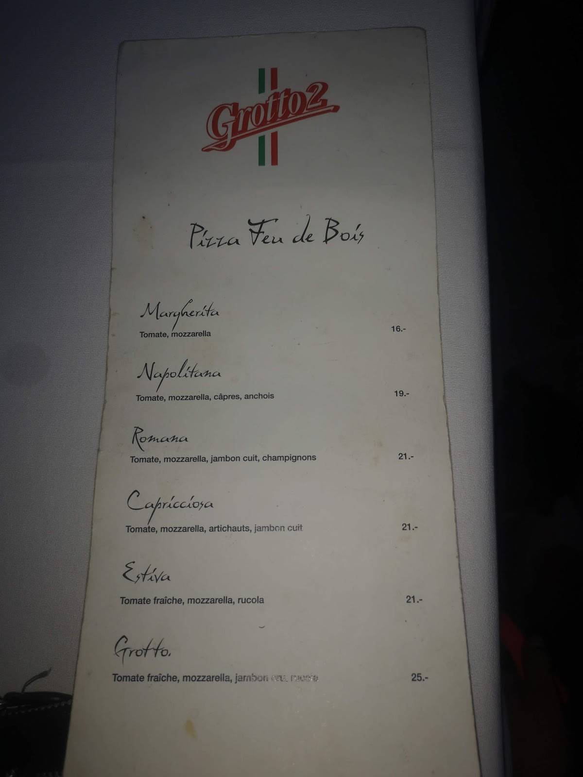 Menu da Restaurant Grotto 2, Pully