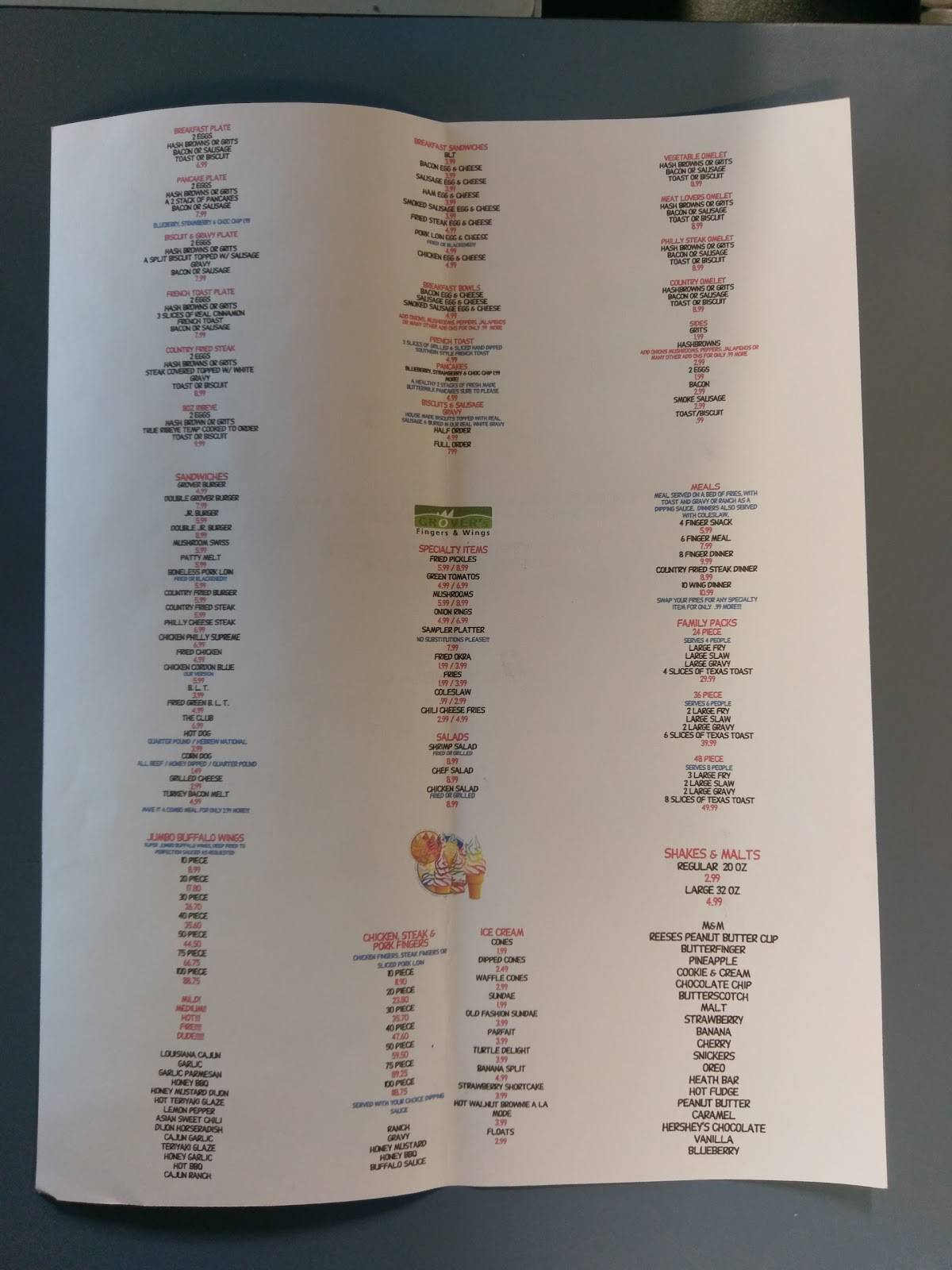 Menu at Grover's Fingers & Wings restaurant, Pensacola