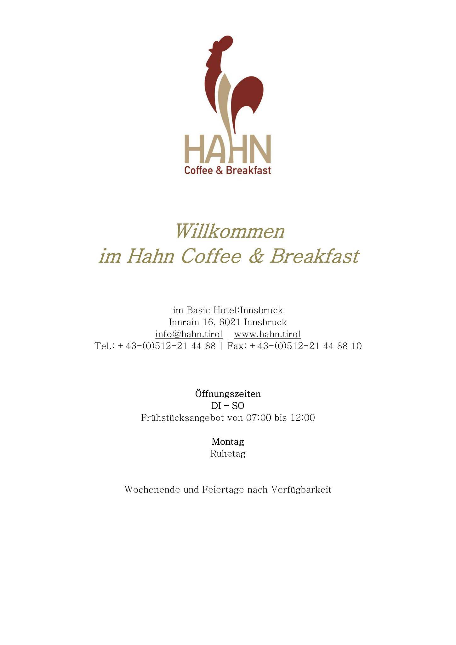 Speisekarte von HAHN Coffee & Breakfast restaurant, Innsbruck