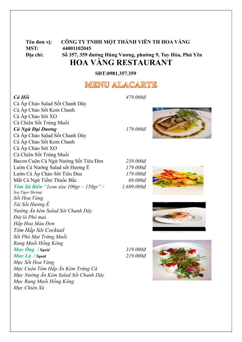 Menu at HOA VANG restaurant, Tuy Hoa