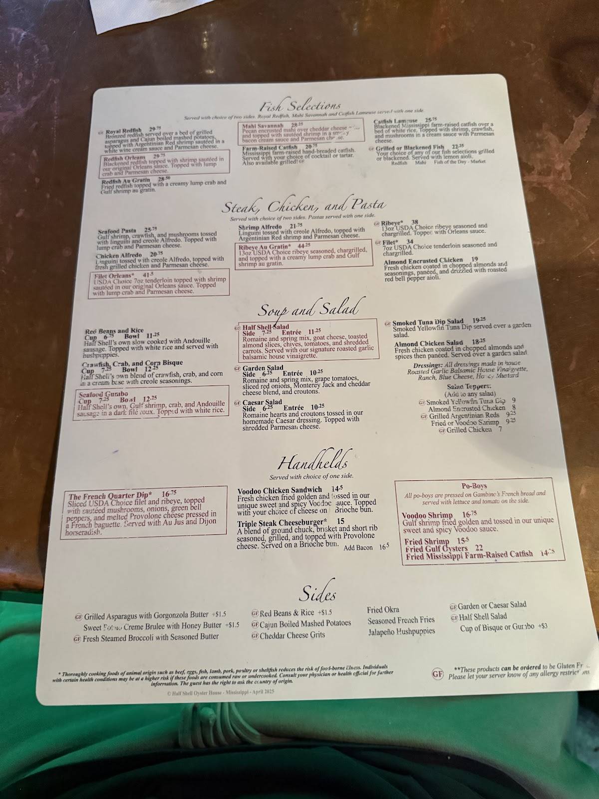 Menu at Half Shell Oyster House restaurant, Biloxi, 125 Lameuse St