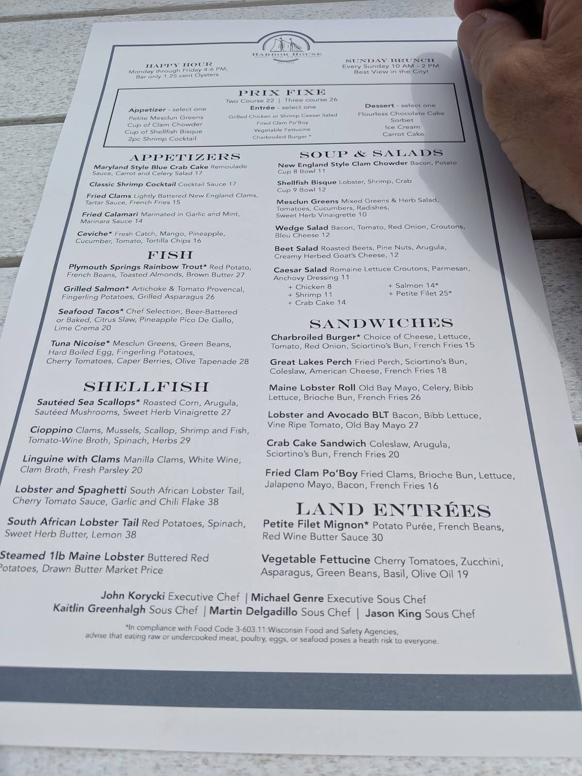 Menu at Harbor House restaurant, Milwaukee