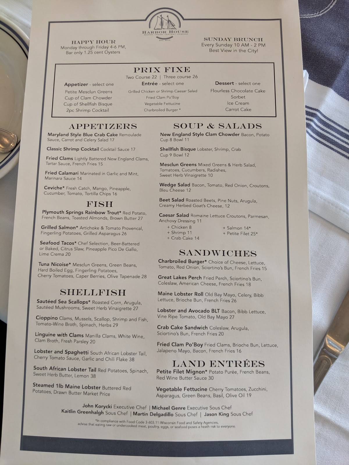 Menu at Harbor House restaurant, Milwaukee