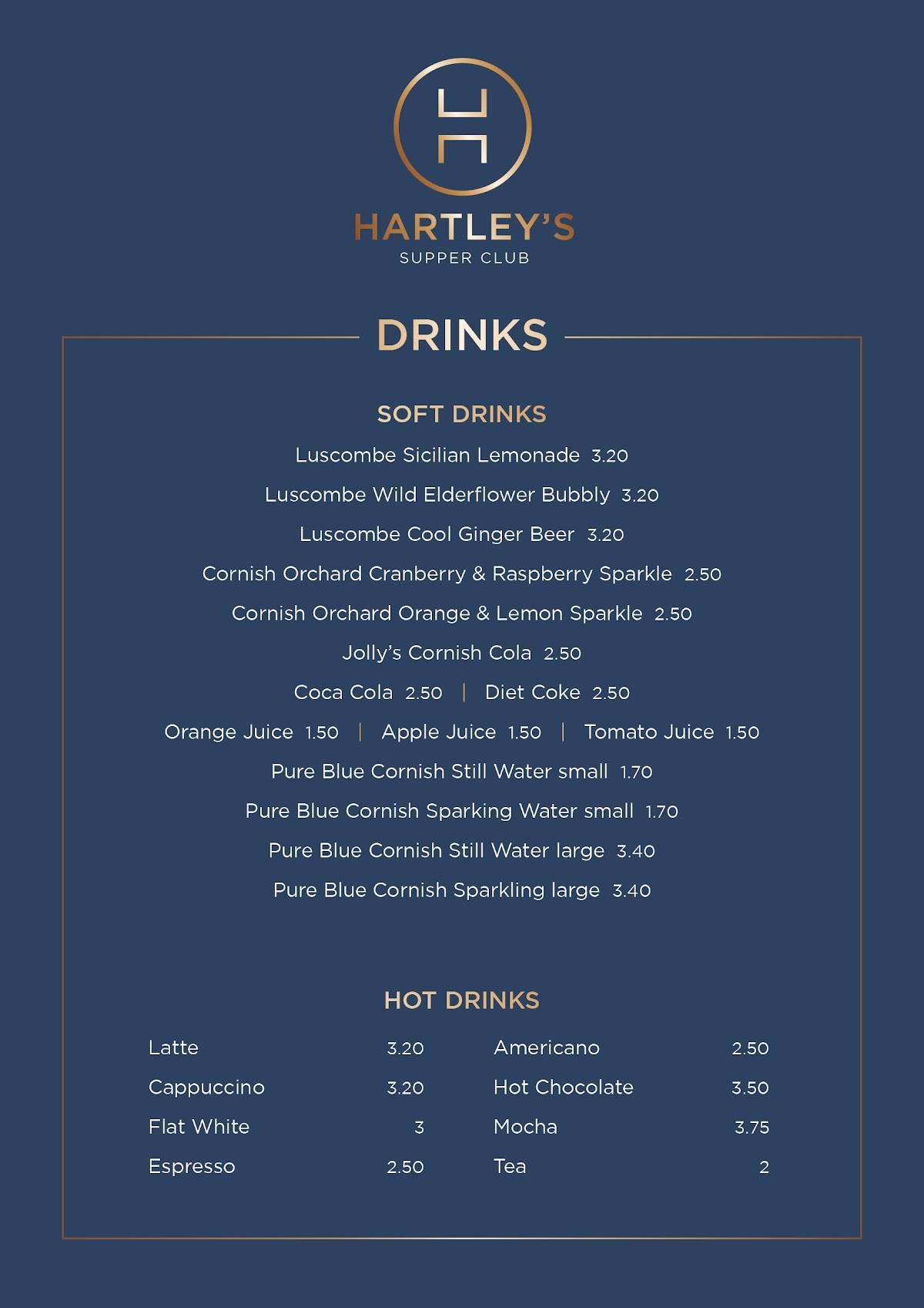 Menu at Hartley's Supper Club, Newquay