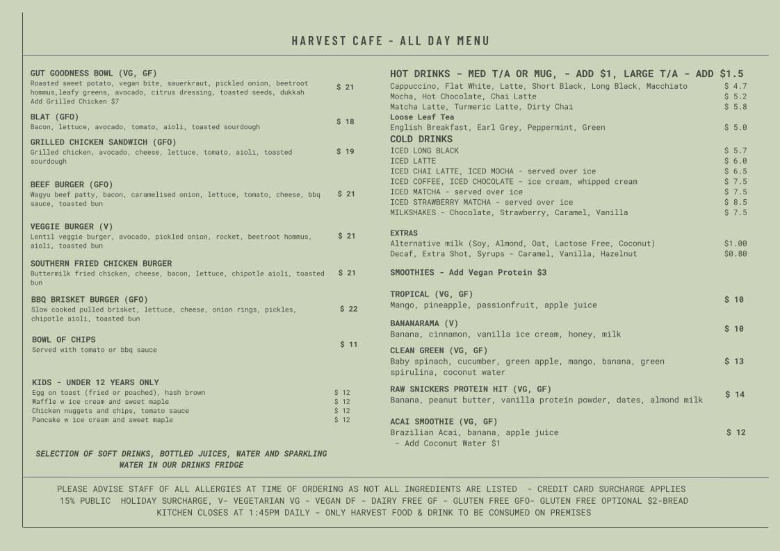 Menu at Harvest Cafe, Pimpama