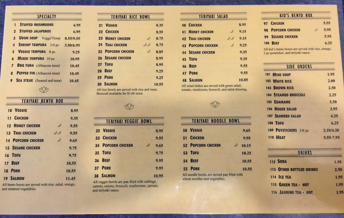 Menu at Hasu Teriyaki and Sushi restaurant, Folsom