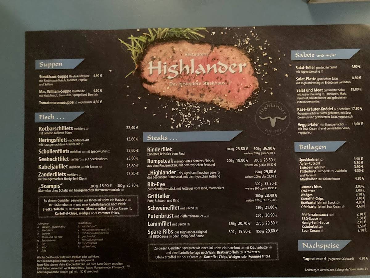 Speisekarte von Restaurant Highlander Lachendorf, Lachendorf
