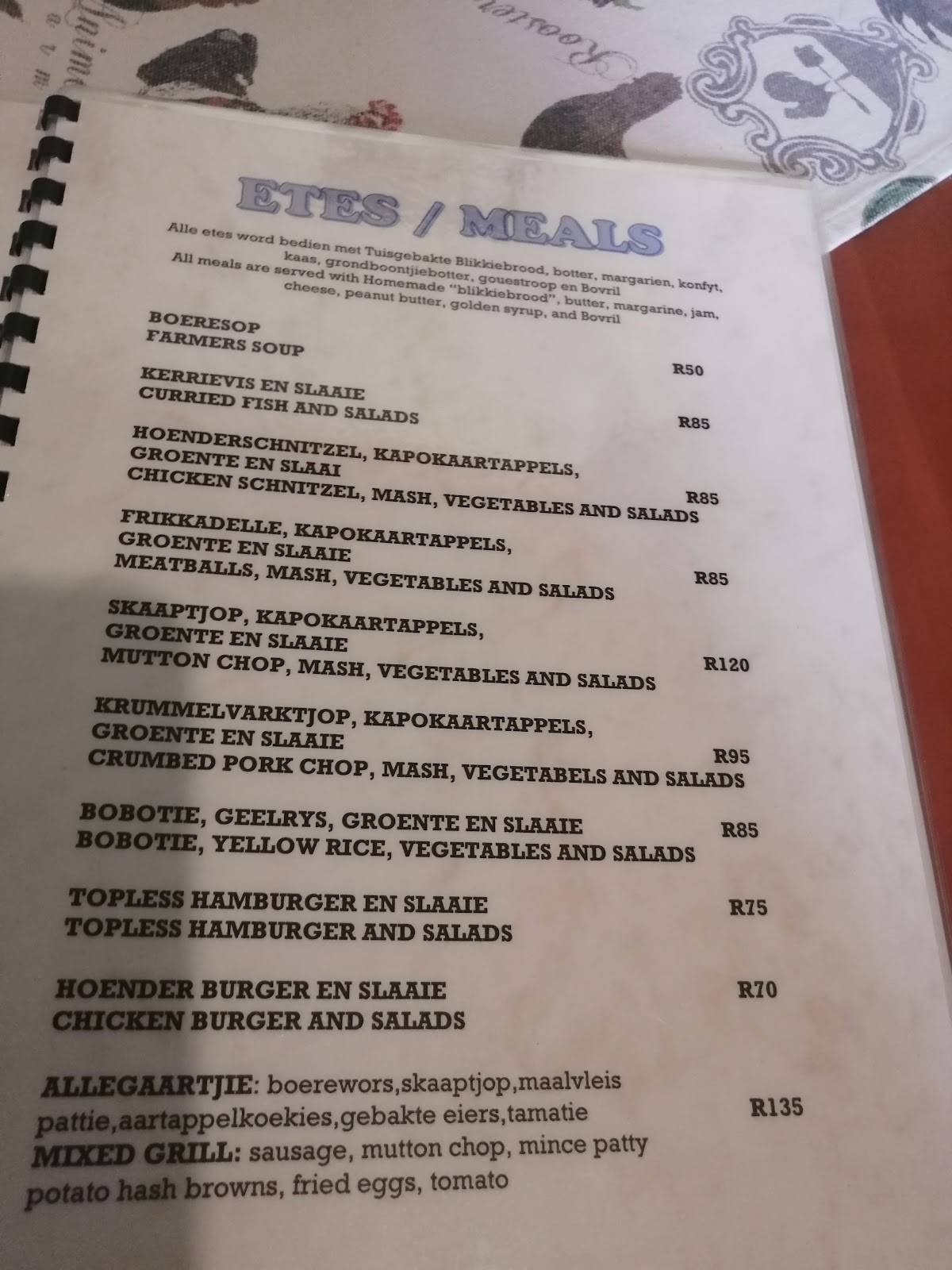 Menu at Hokaai Boerekos restaurant, South Africa