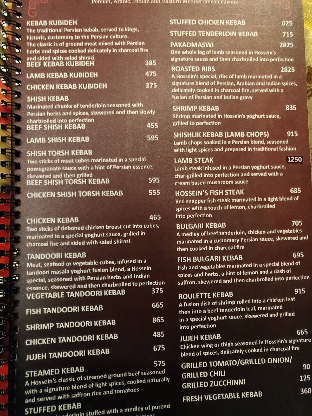 Menu at Hossein's Persian Kebab restaurant, Makati, LKV Building