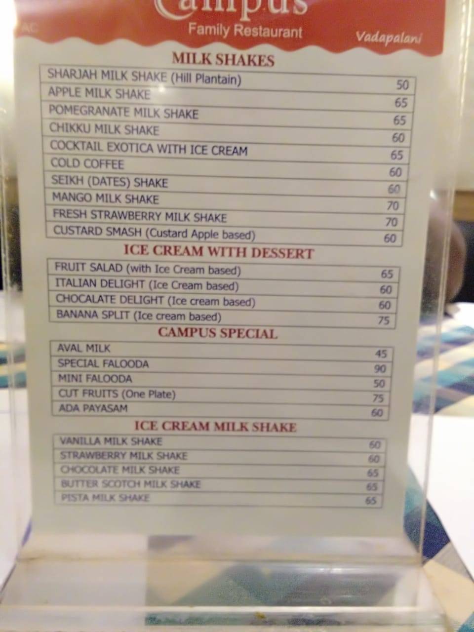 Menu at Hotel Campus, Chennai, 50/57A