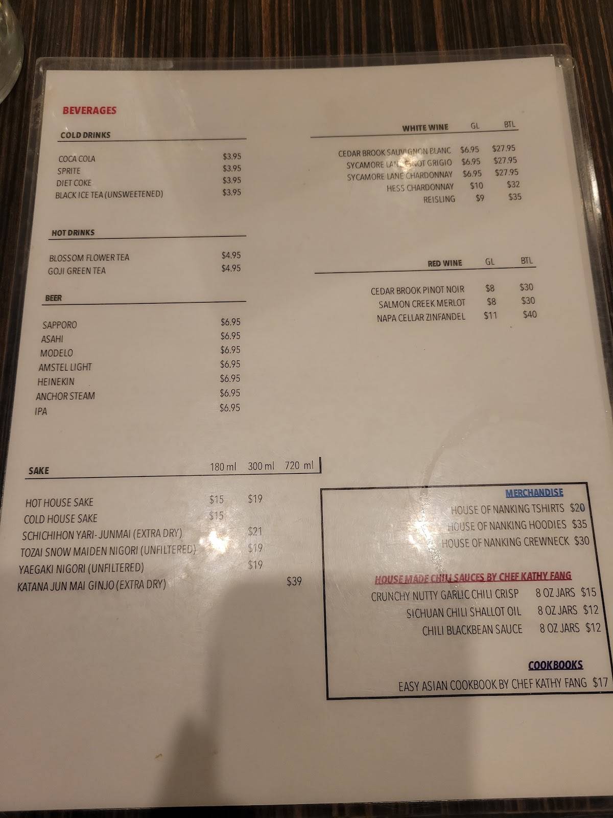 Menu at House of Nanking restaurant, San Francisco