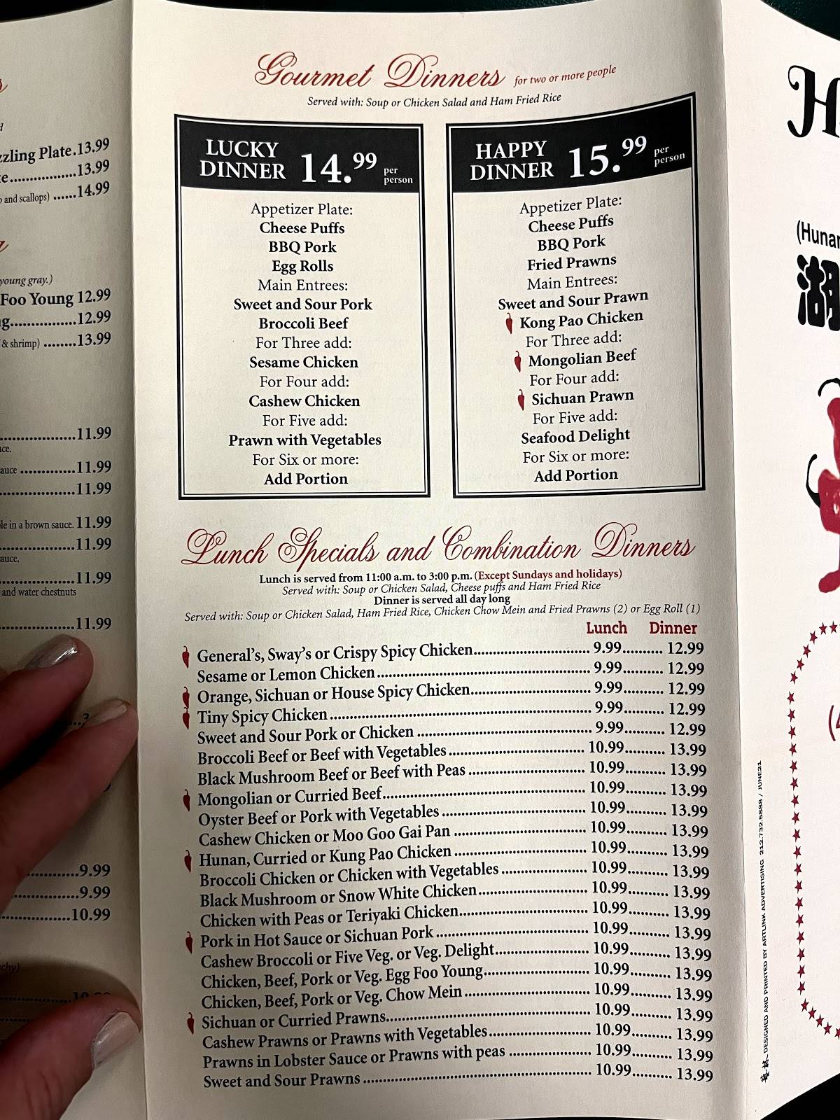 Menu at Hunan Village restaurant, Tooele
