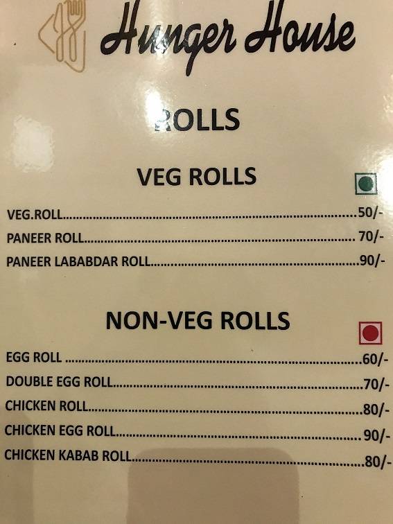 Menu at Hunger House, Delhi, D-223/4