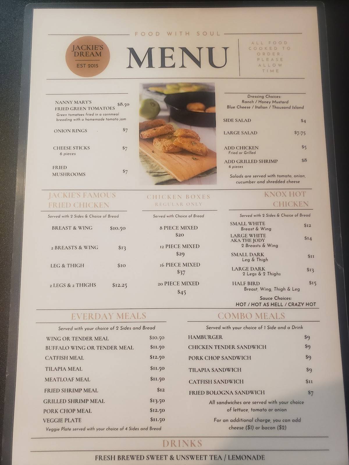Menu at Jackie's Dream restaurant, Knoxville, E Woodland Ave