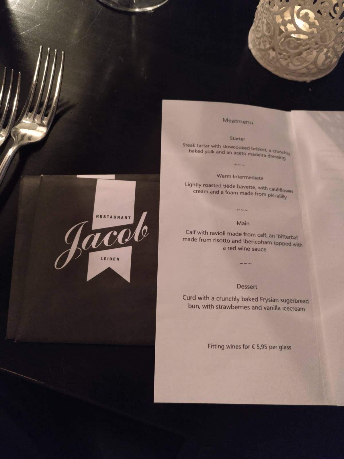 Carta de Restaurant Jacob, Leiden, Papengracht 6 A