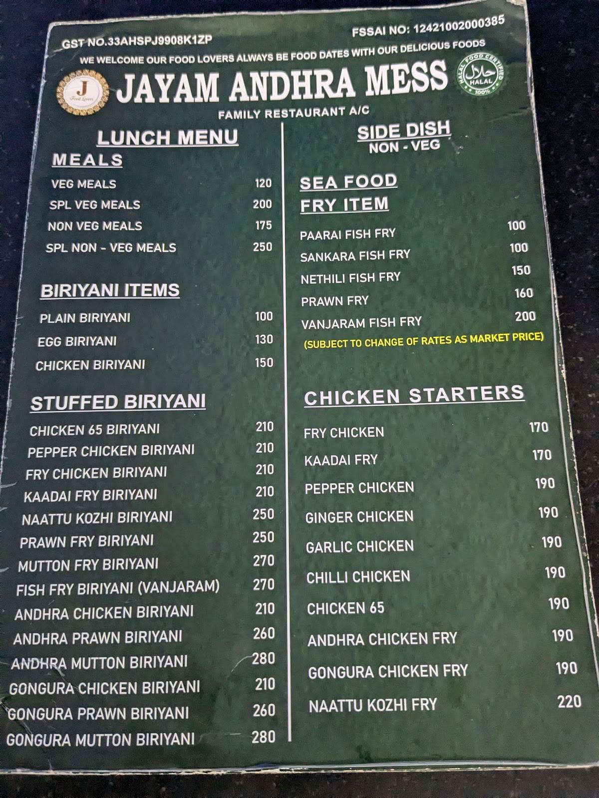 Menu at Jayam Andhra Mess, Chennai, No 30