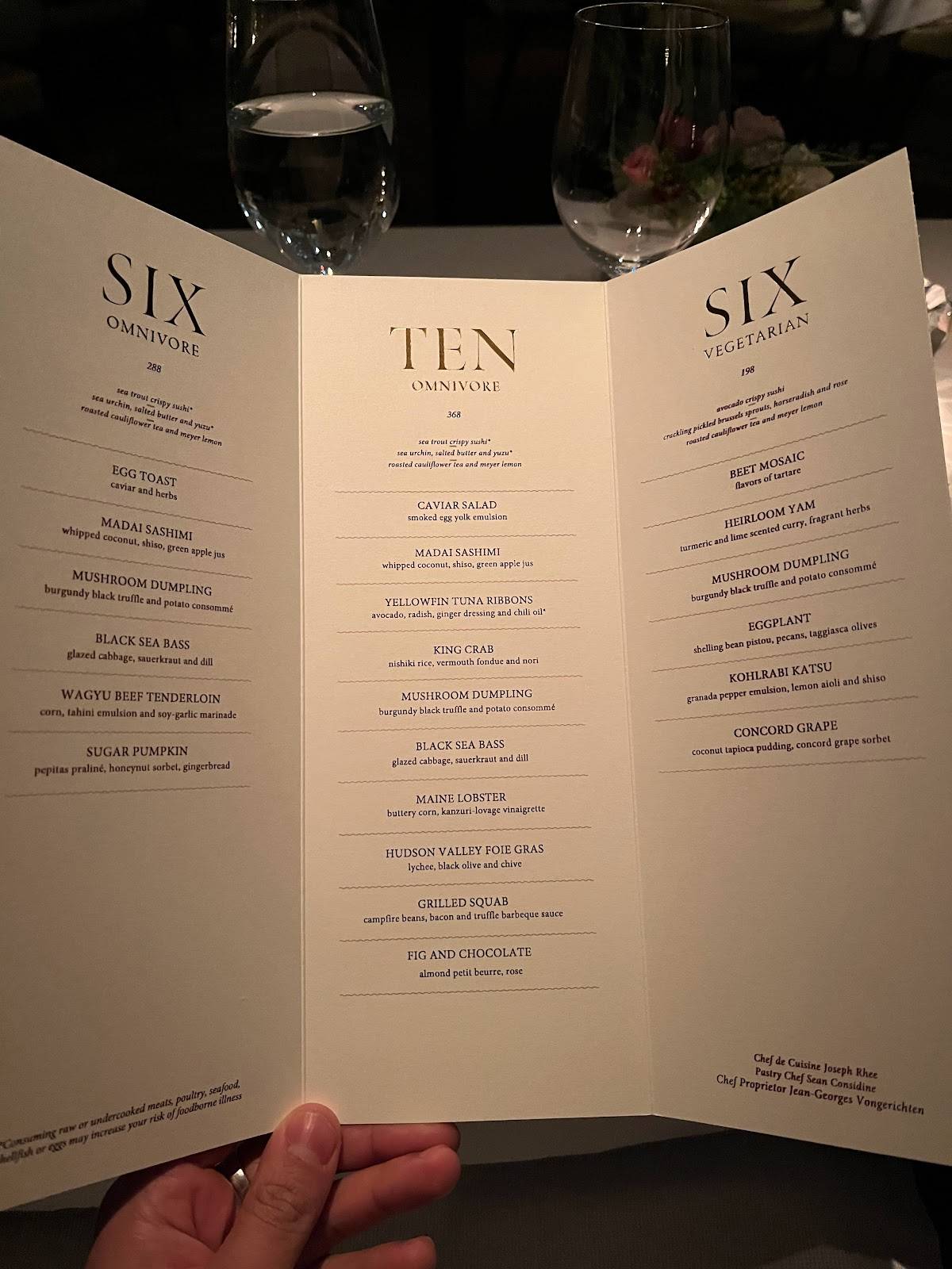 Menu at Jean-Georges restaurant, West New York, 1 Central Park W