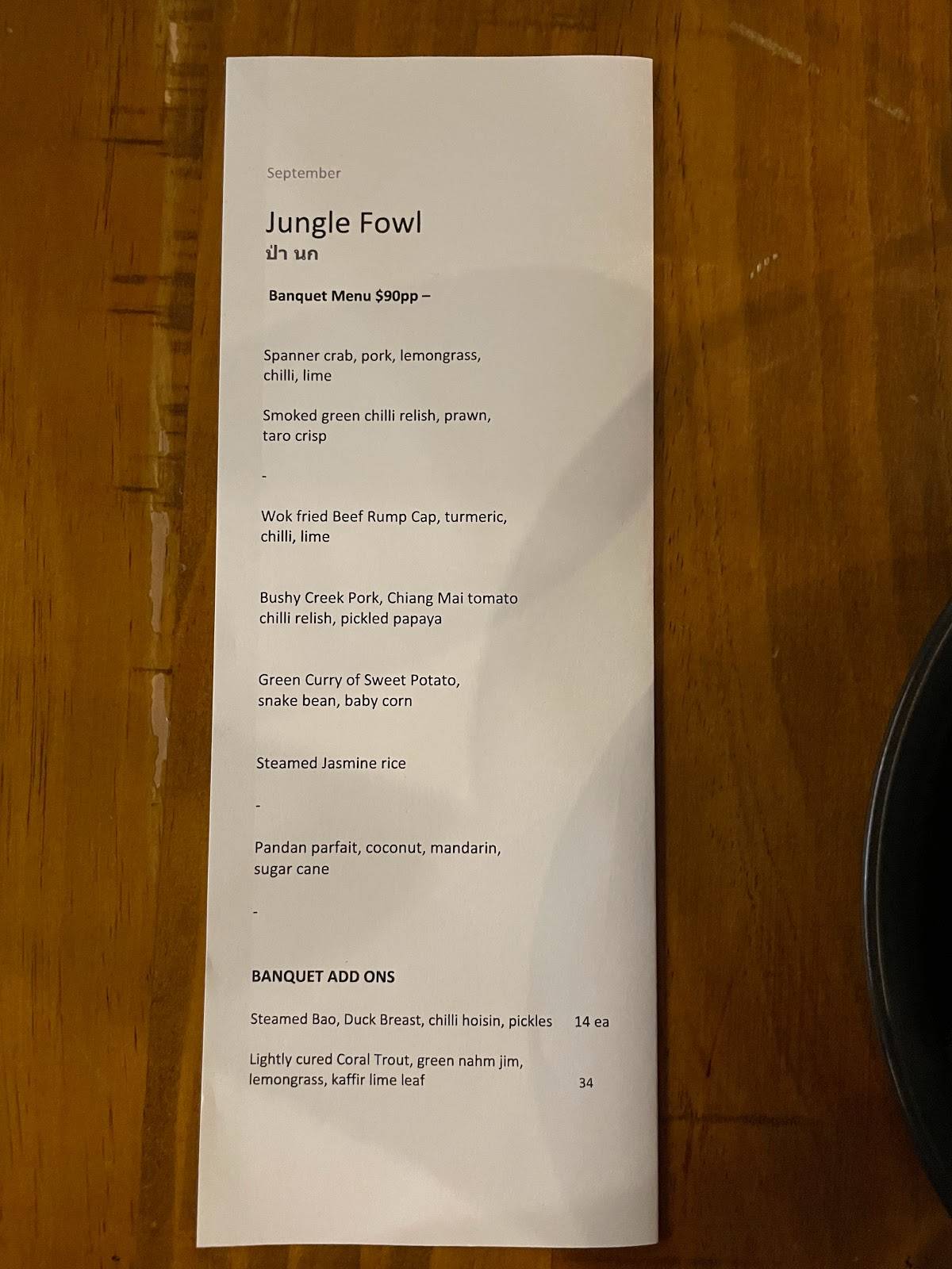 Menu at Jungle Fowl restaurant, Port Douglas