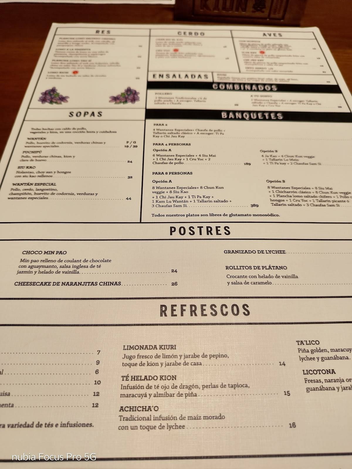 Carta del restaurante KION peruvian chinese Balboa, Miraflores