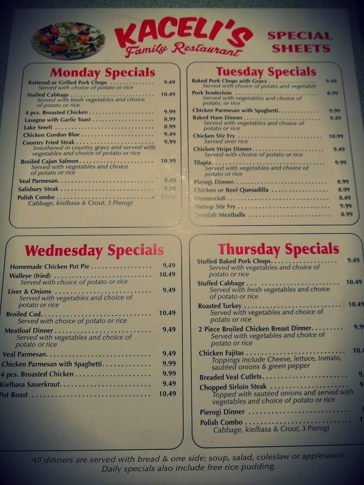 Menu at Kaceli’s Family Restaurant, Taylor