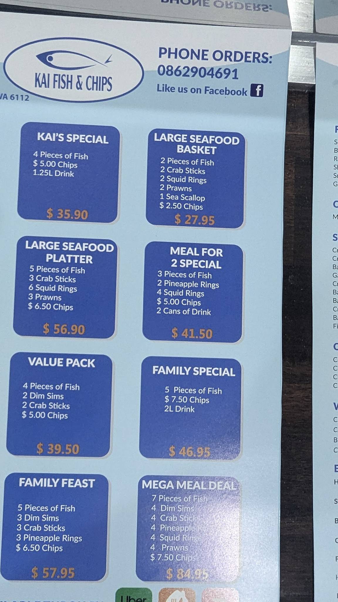 Menu at Kai Fish & Chips restaurant, Harrisdale