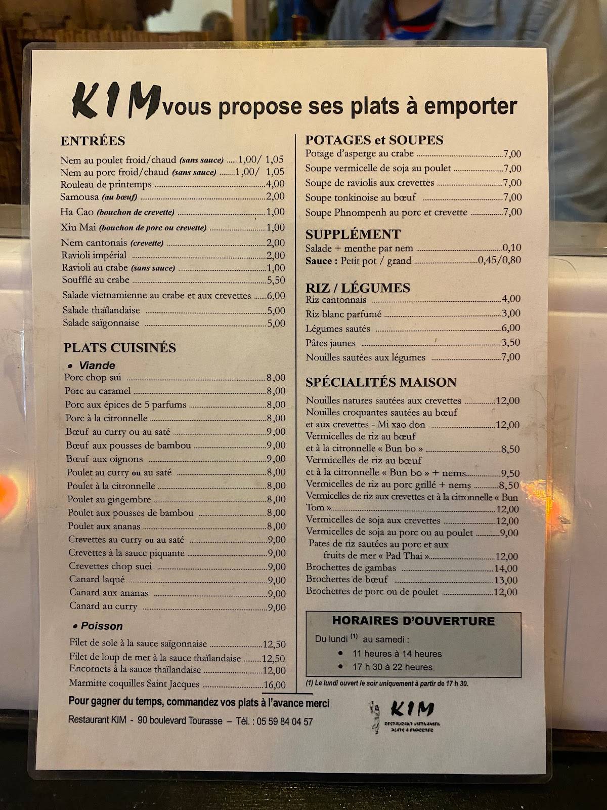 Menu au Restaurant Kim Pau, Pau