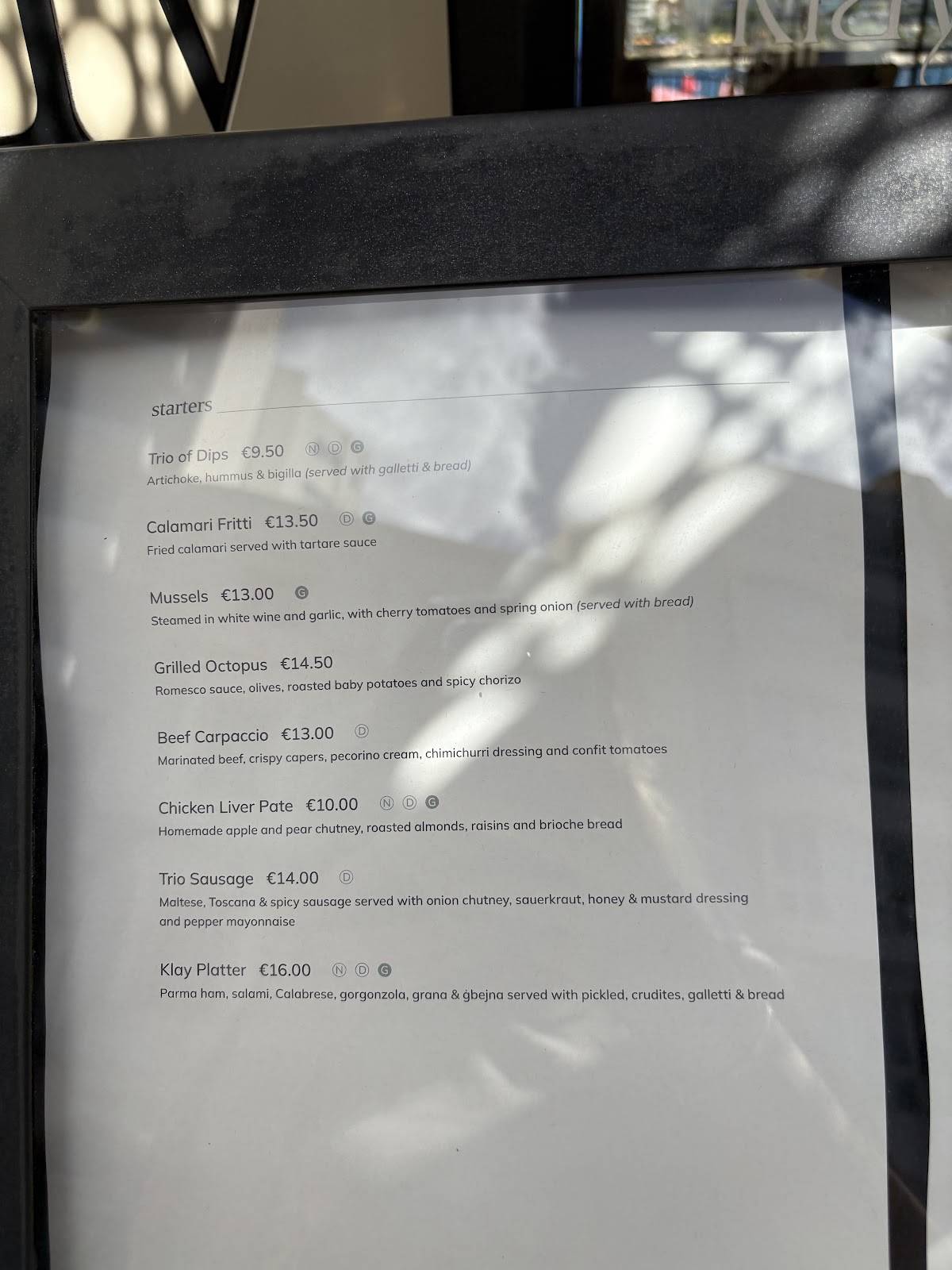 Menu at Klay restaurant, Saint Julian's