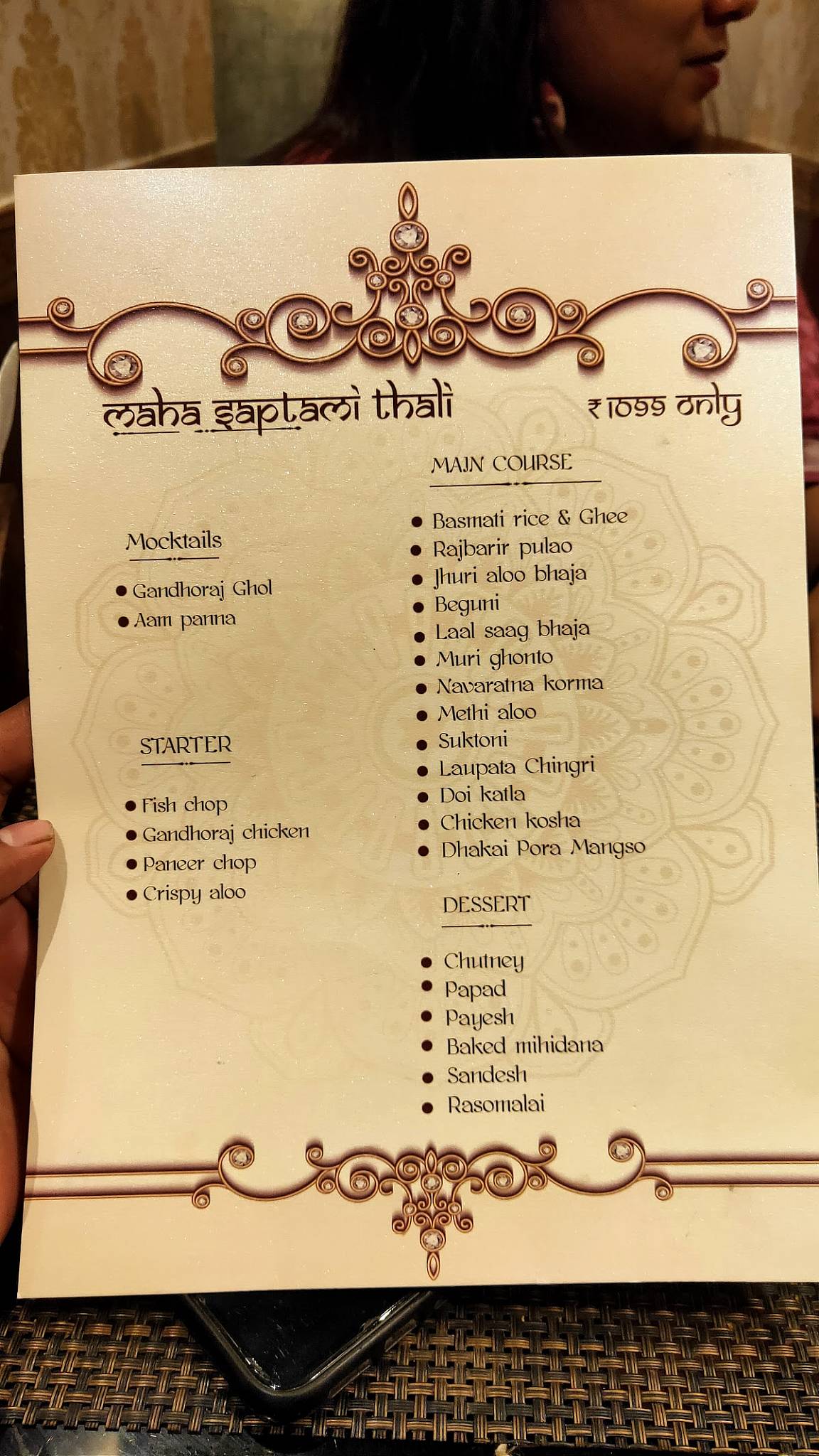 Menu at Kolkata Rajbari, Kolkata