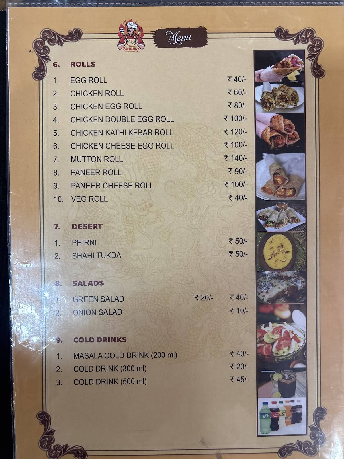 Menu at Kolkata shahi darbar, Ranchi