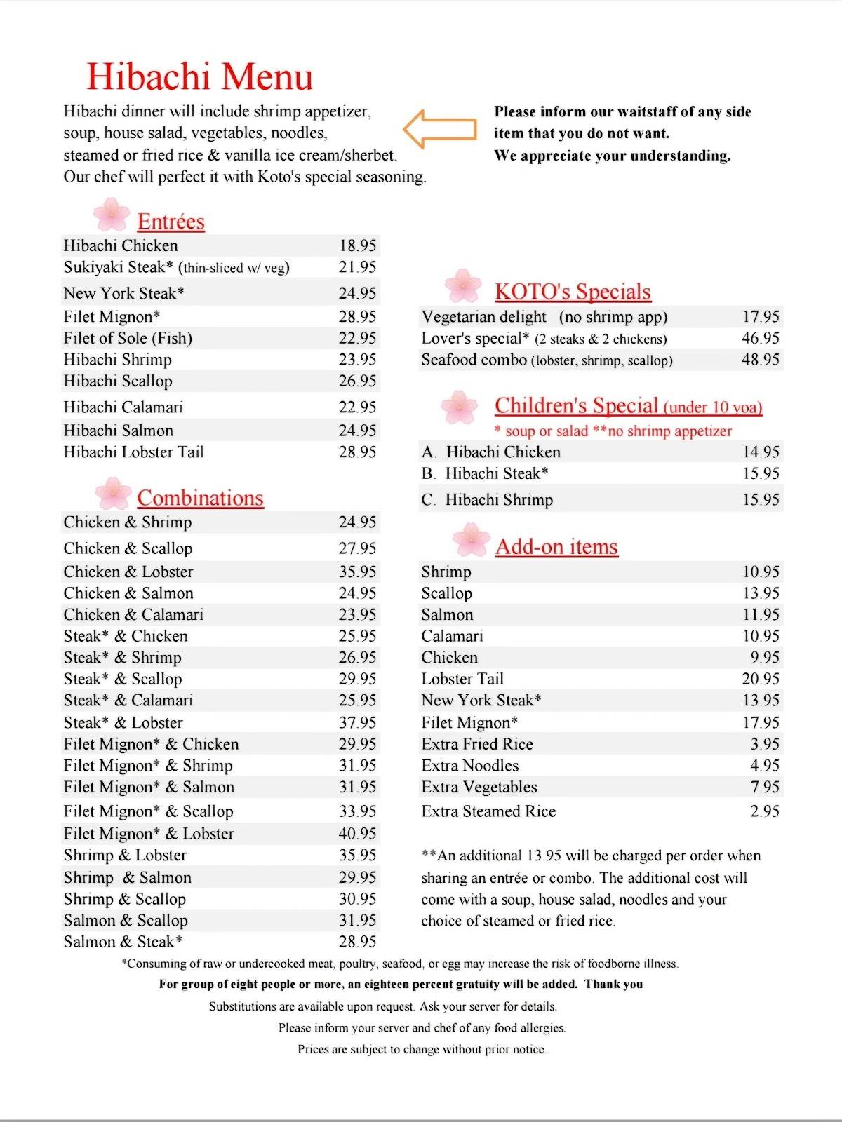 Menu at Koto Japanese Steakhouse & Sushi, Norman