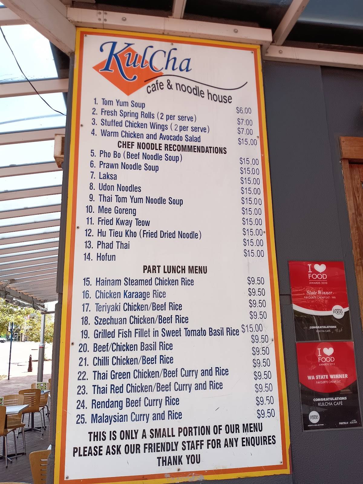 Menu at Kulcha restaurant, Joondalup