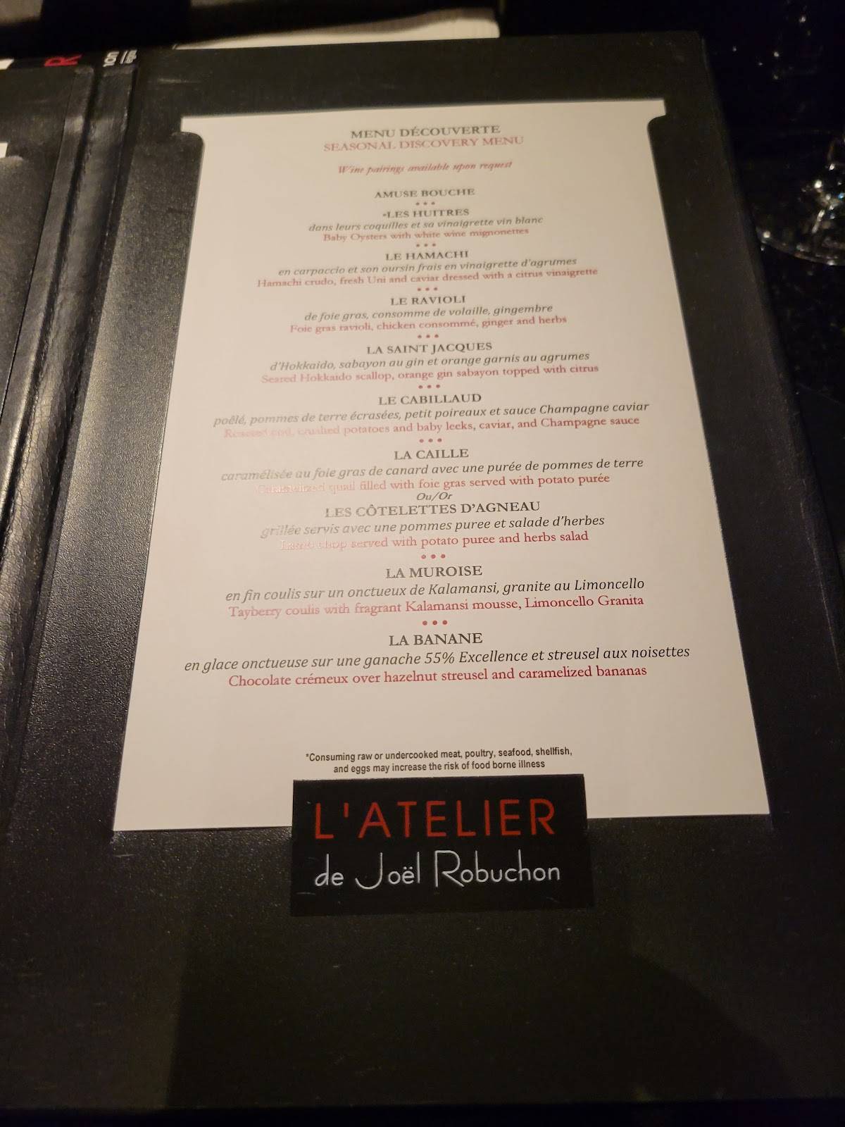 Menu at L'Atelier restaurant, Las Vegas