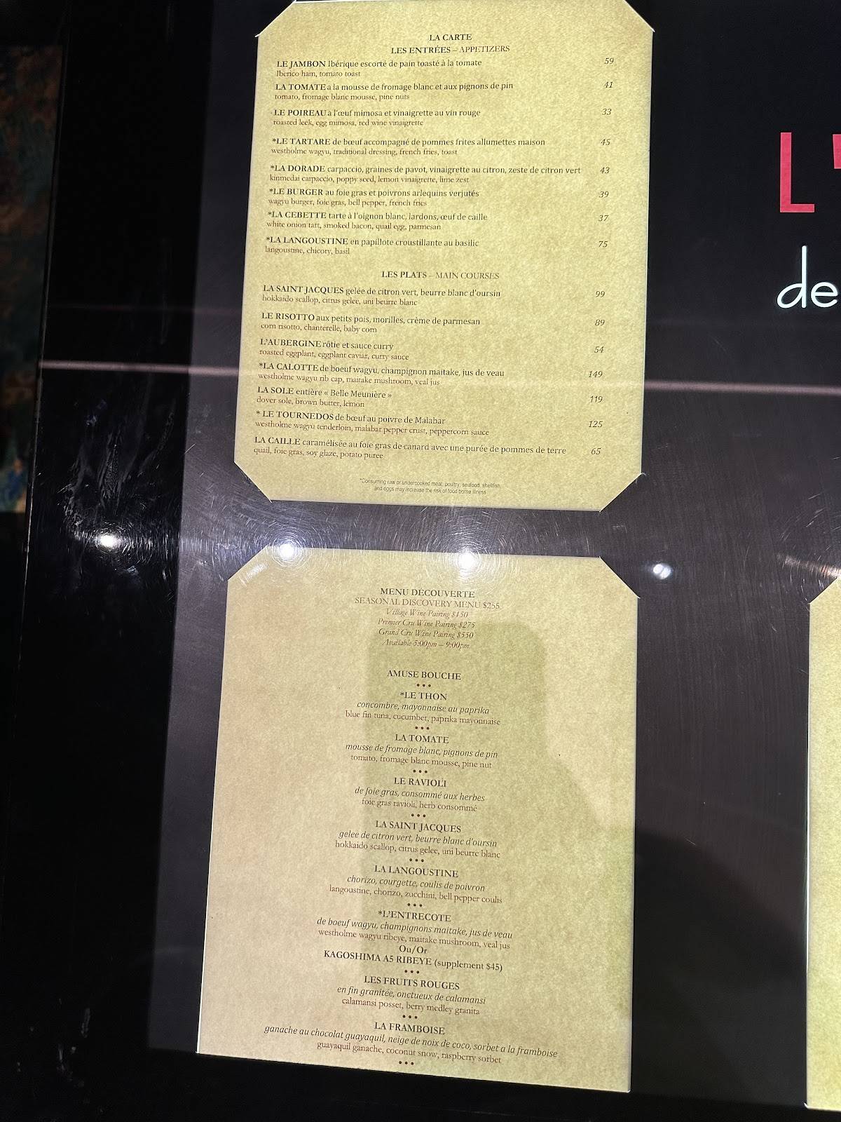 Menu at L'Atelier restaurant, Las Vegas