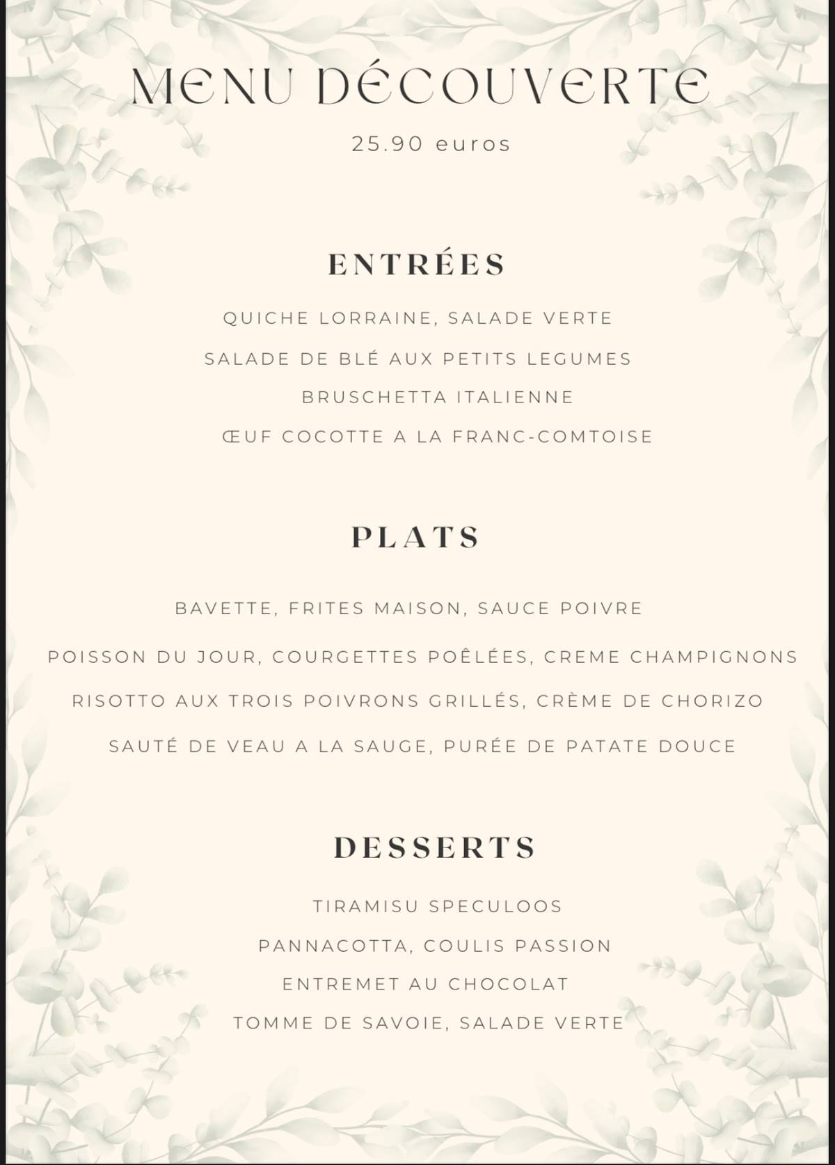 Menu au L'Escale restaurant, Nancy
