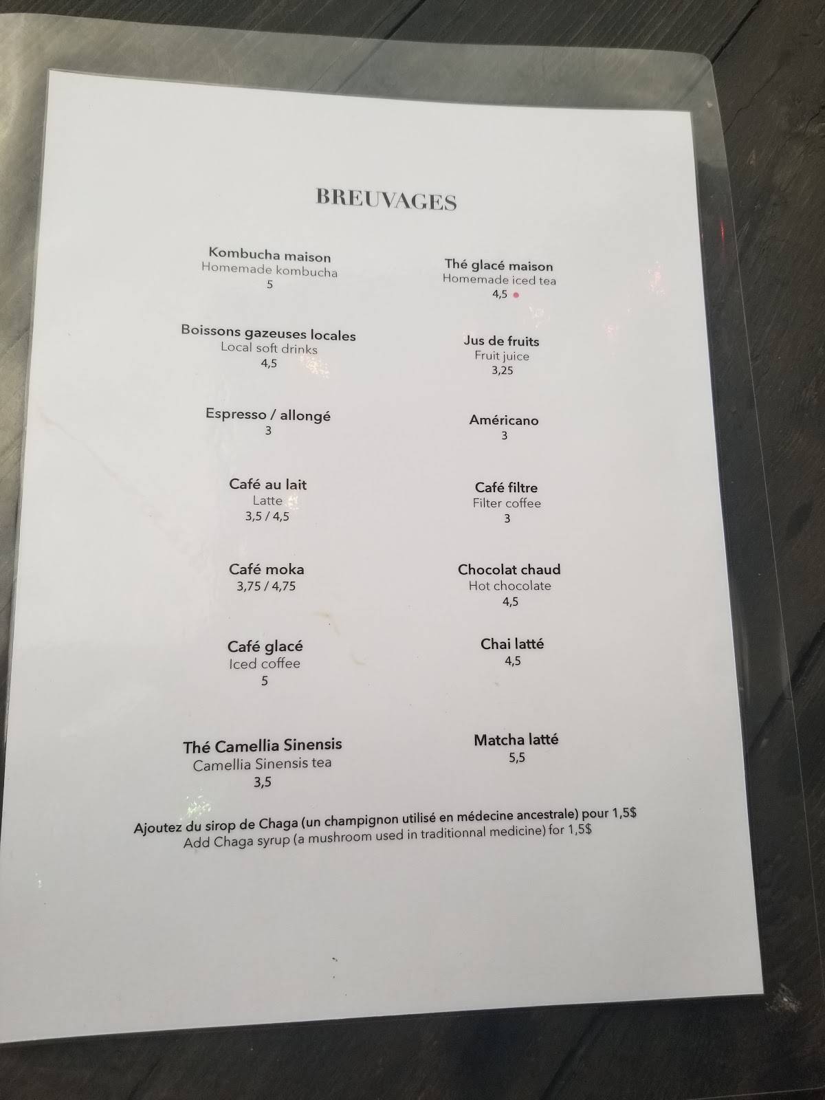 Menu au L'Innocent restaurant, Rivière-du-Loup
