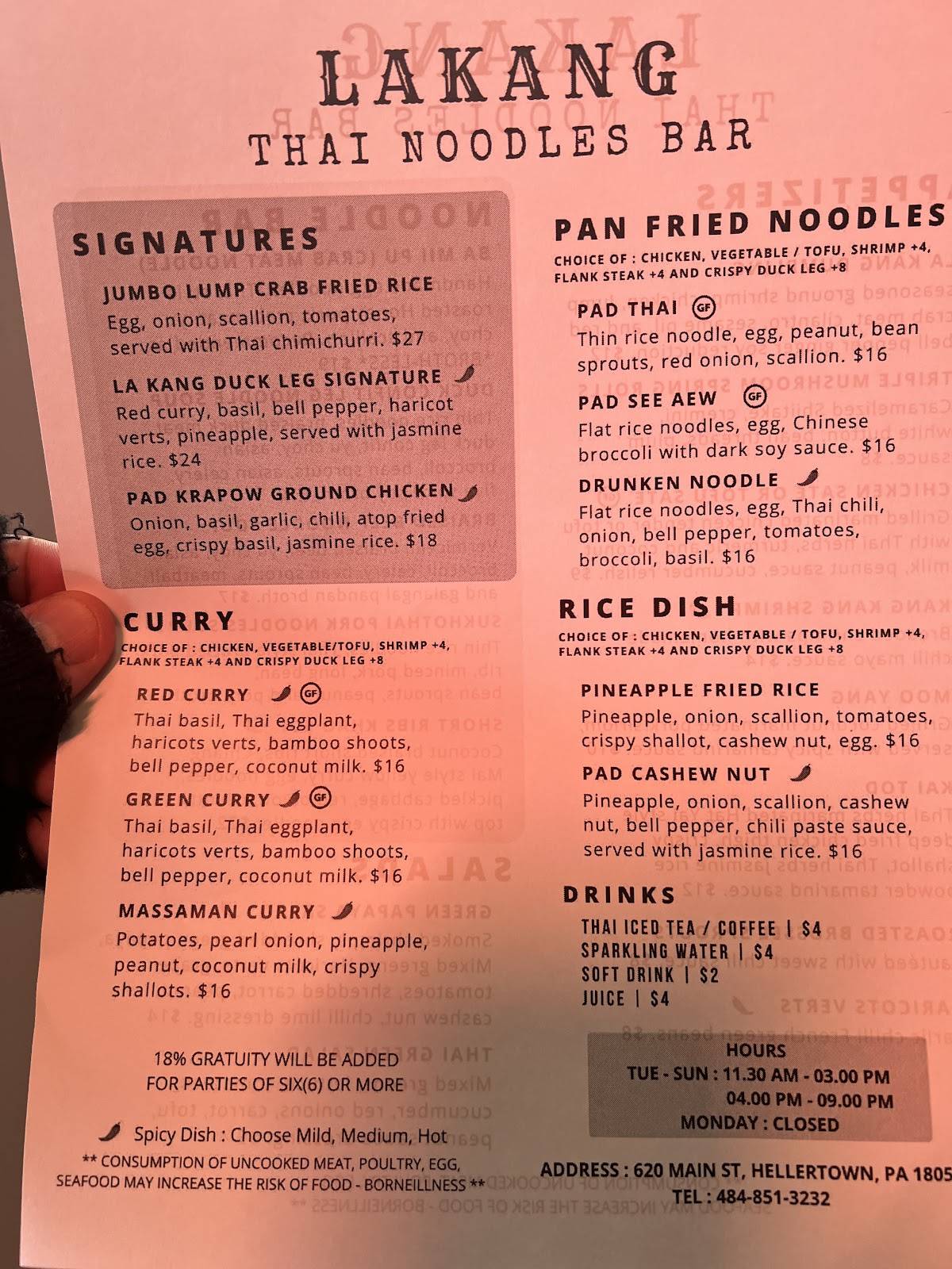 Menu at La Kang Thai Noodles Bar, Hellertown