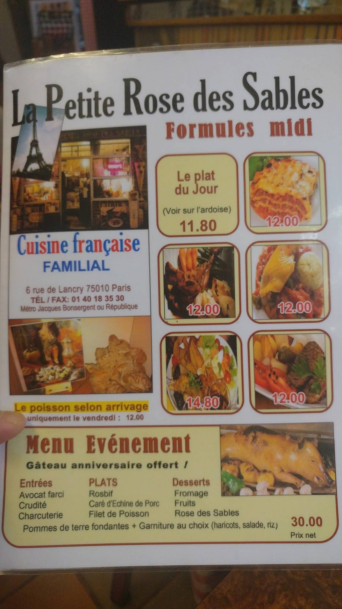 Menu at La Petite Rose des Sables restaurant, Paris