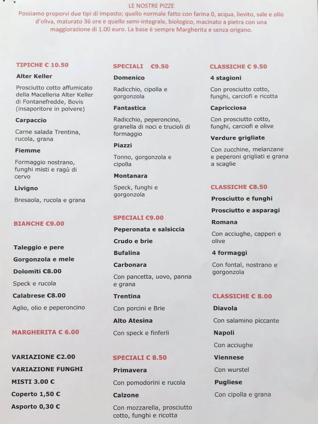 Menu da La Pieve ristorante, Cavalese