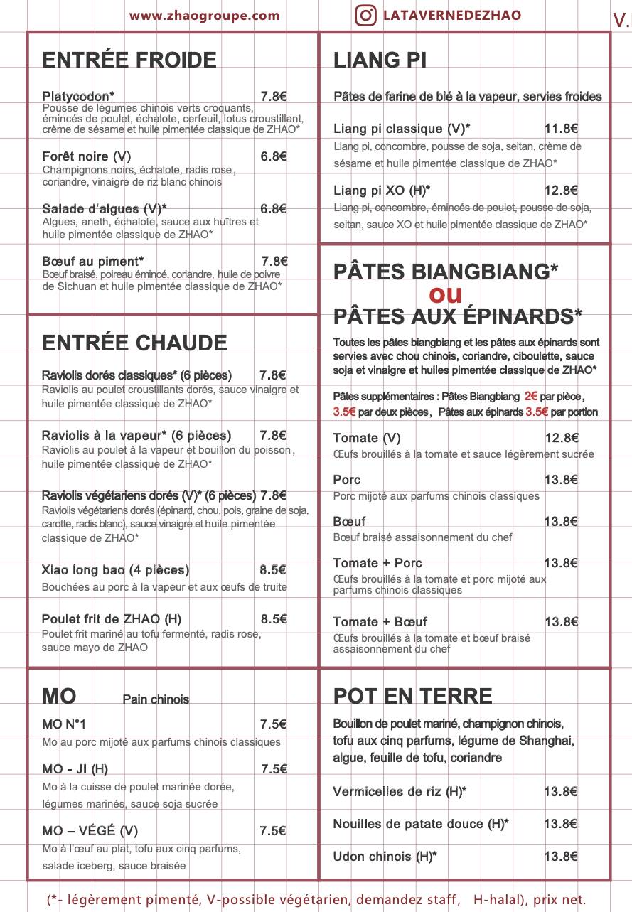 Menu au La Taverne De ZHAO - Levallois restaurant, Levallois-Perret