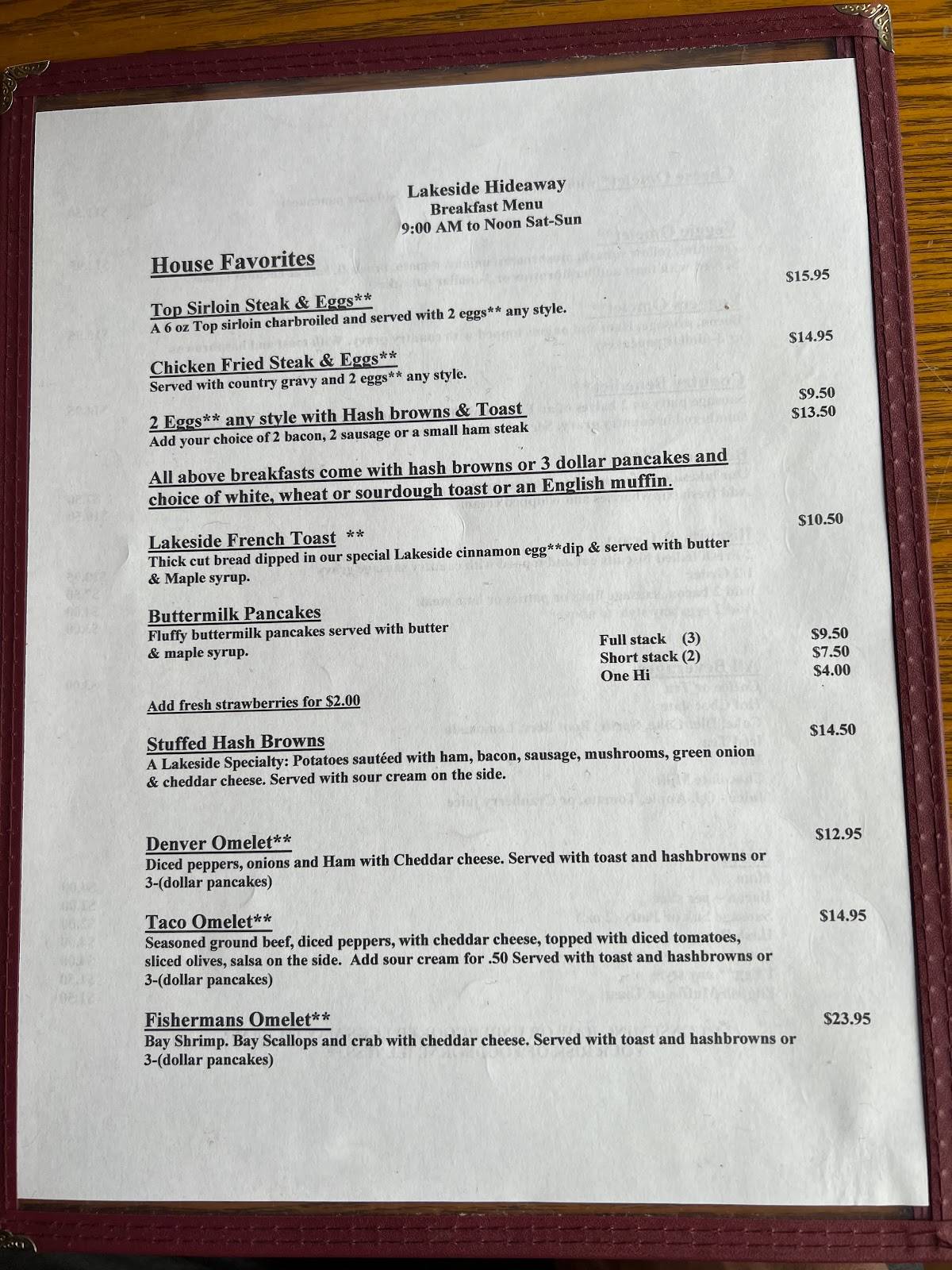 Menu at Lakeside Hideaway restaurant, Rockaway Beach