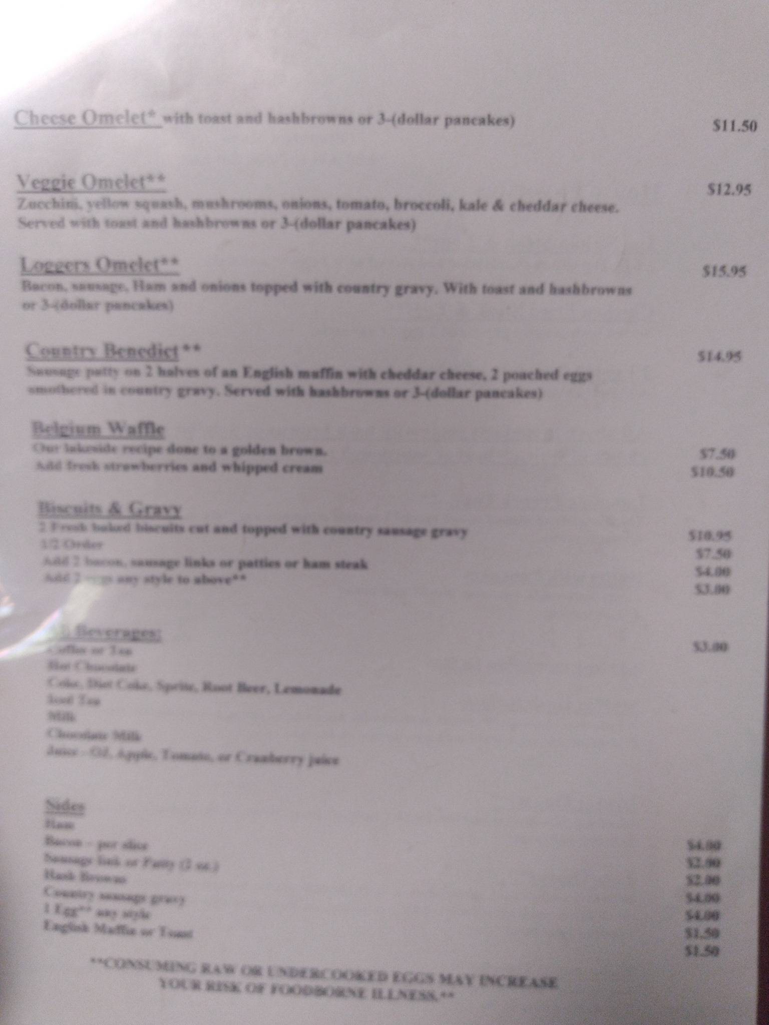 Menu at Lakeside Hideaway restaurant, Rockaway Beach