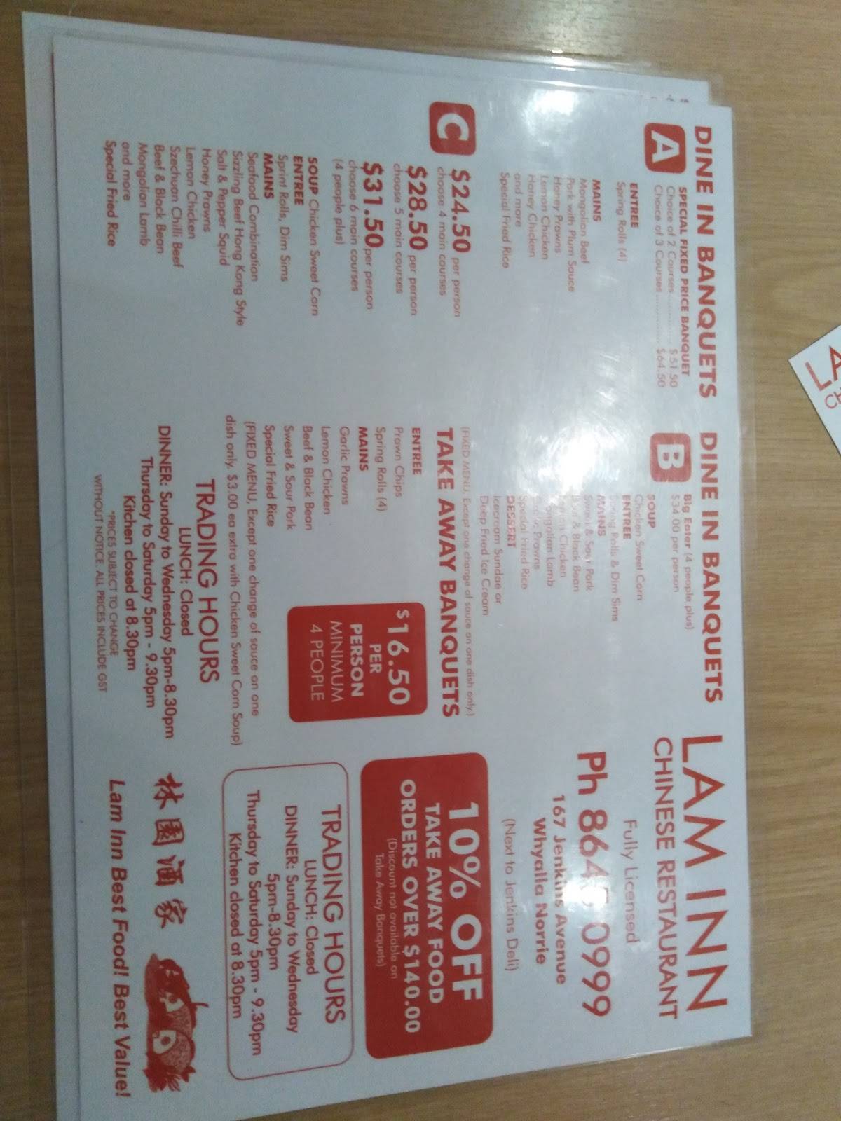 Menu at Lam Inn Chinese Restaurant, Whyalla Norrie