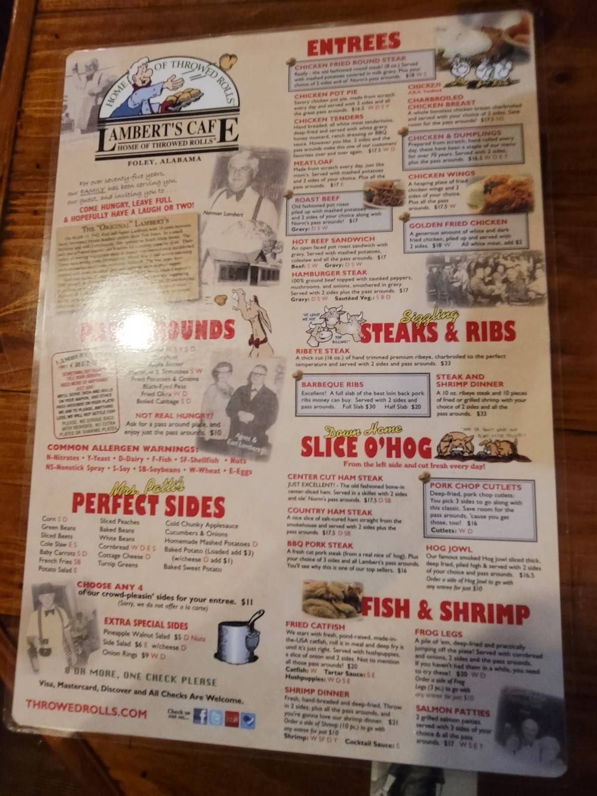 Menu at Lambert's Cafe, Foley, S McKenzie St