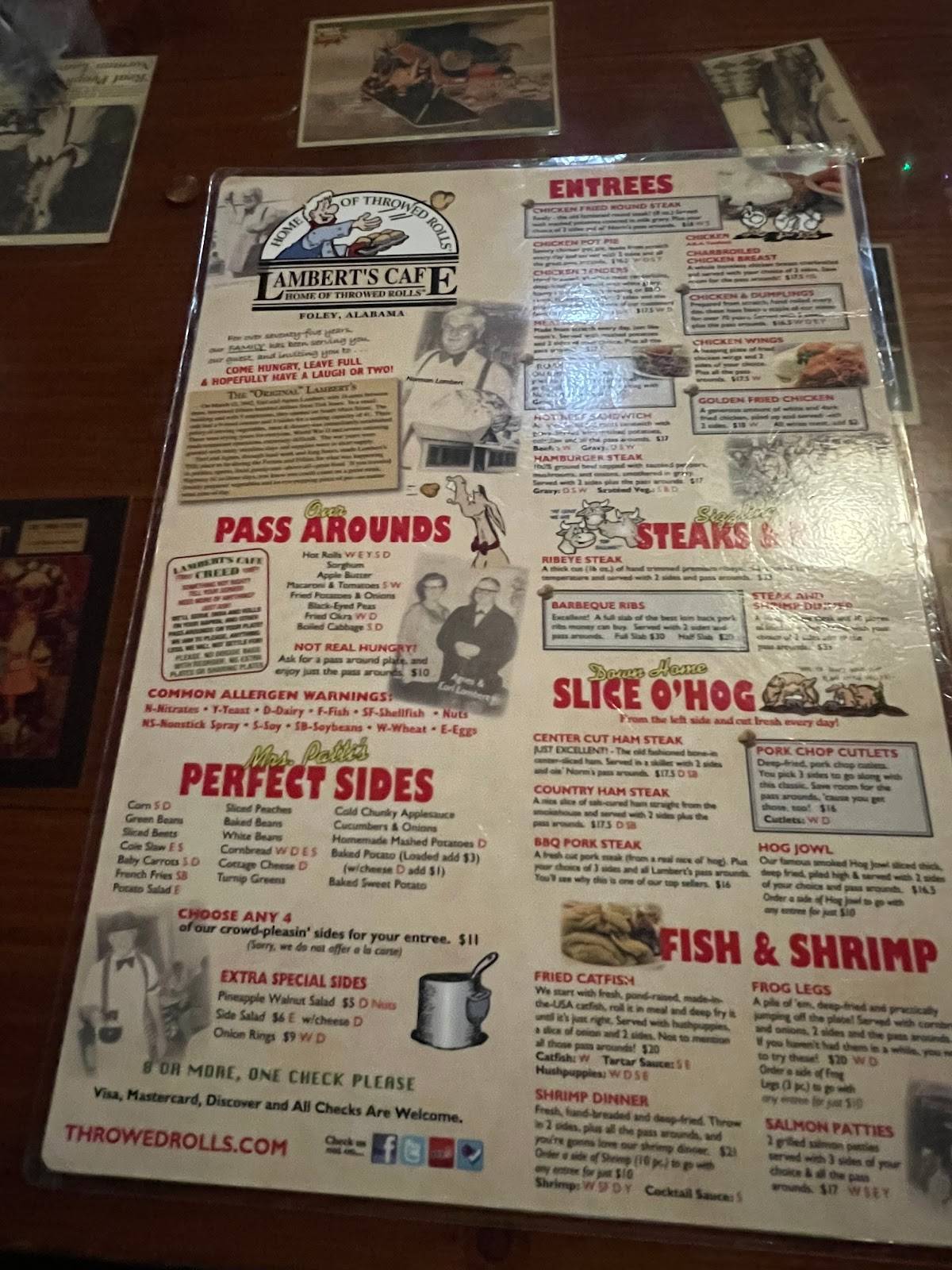 Menu at Lambert's Cafe, Foley, S McKenzie St