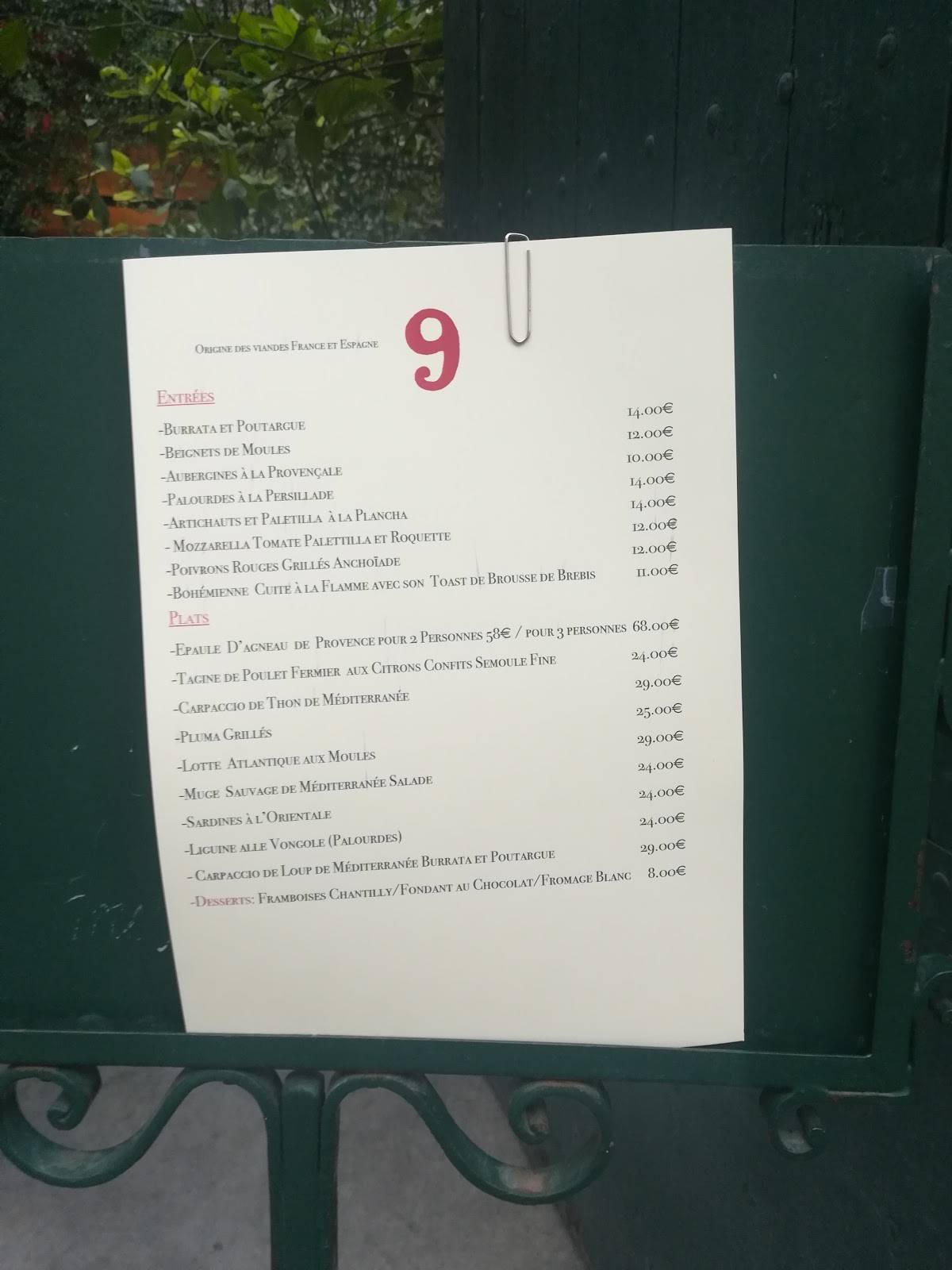 Menu at Restaurant Le 9, Nimes