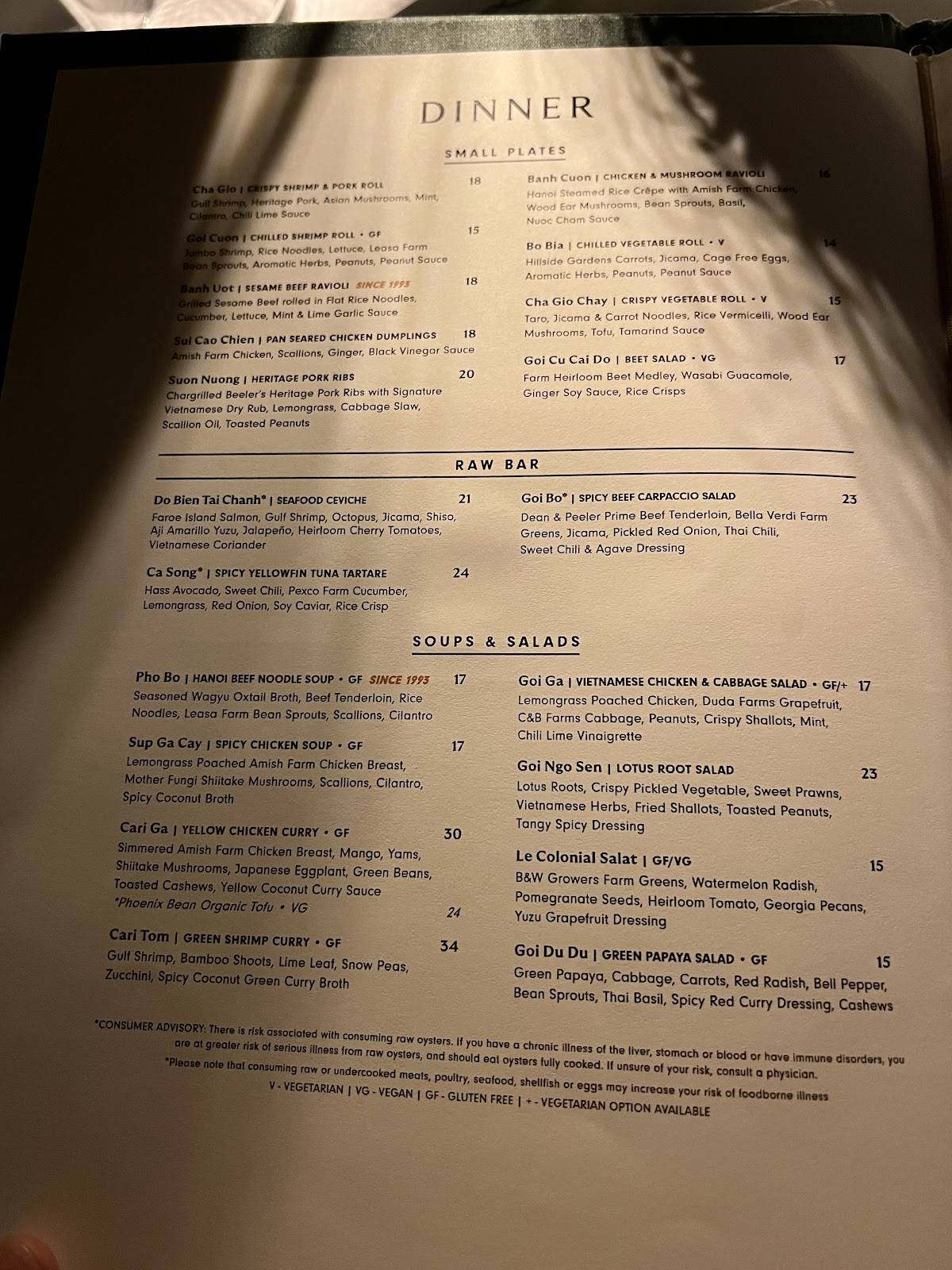 Menu at Le Colonial Naples restaurant, Naples